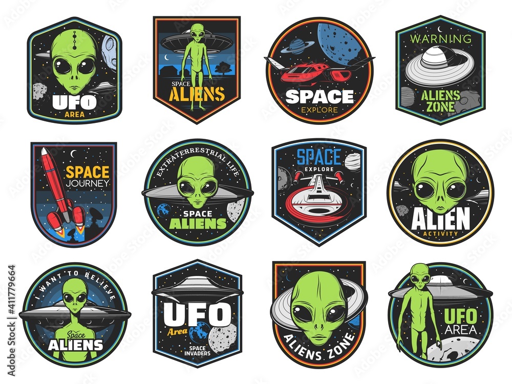 Aliens, ufo area and space shuttles vector retro icons ...