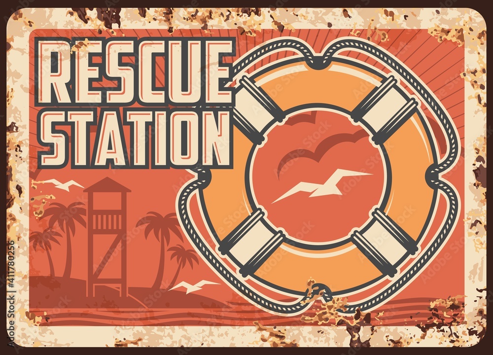 Lifeguard or rescue station metal rusty plate, ocean beach safety ...