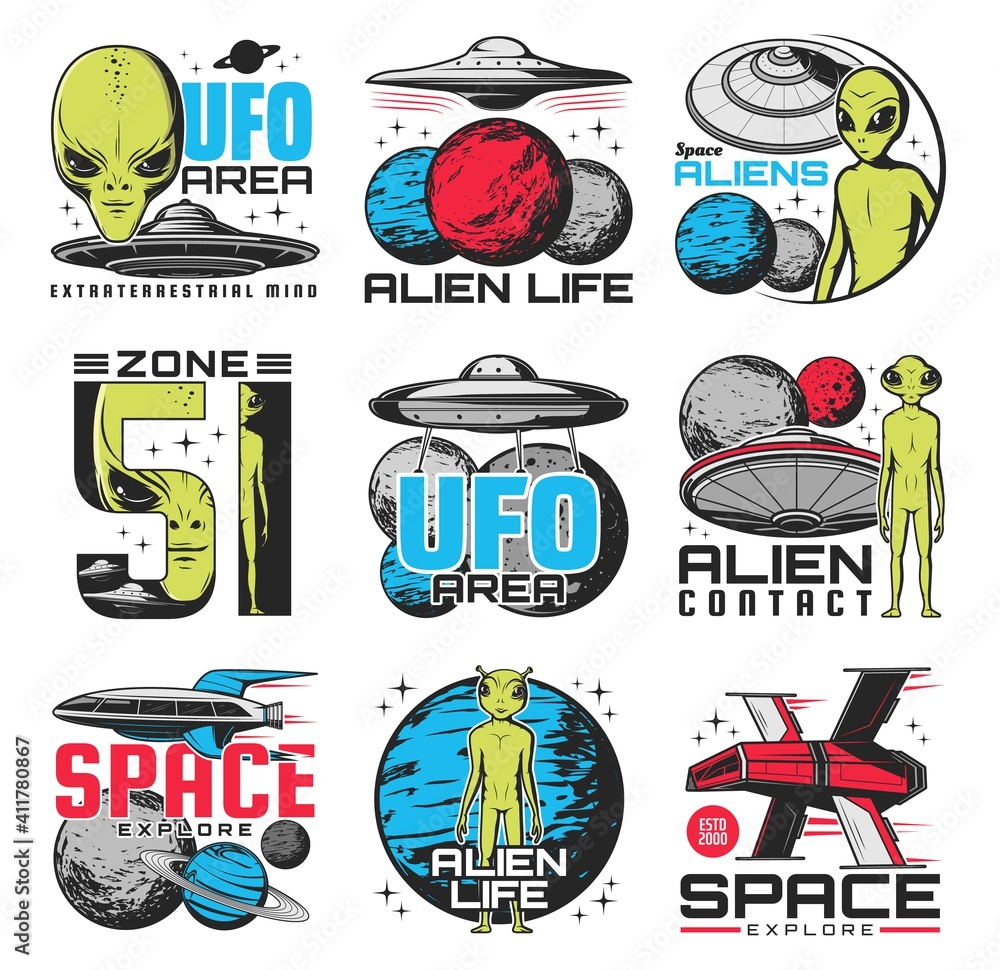 Aliens, ufo area and space shuttles vector retro icons ...