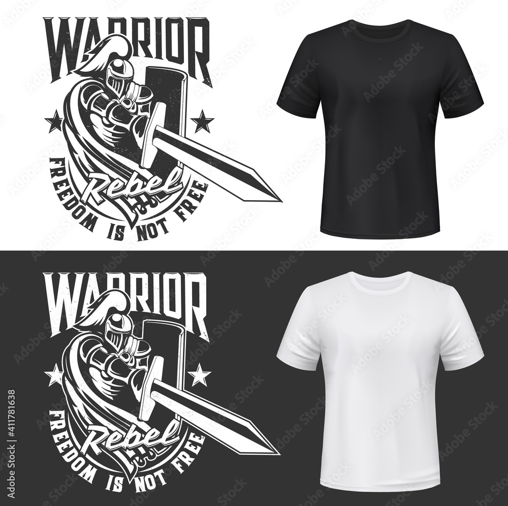 Tshirt print with knight and sword vector mockup, medieval warrior in ...