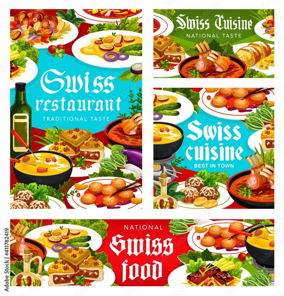 Swiss cuisine vector sable breton cookies, alpine lamb loin, engadinsky ...