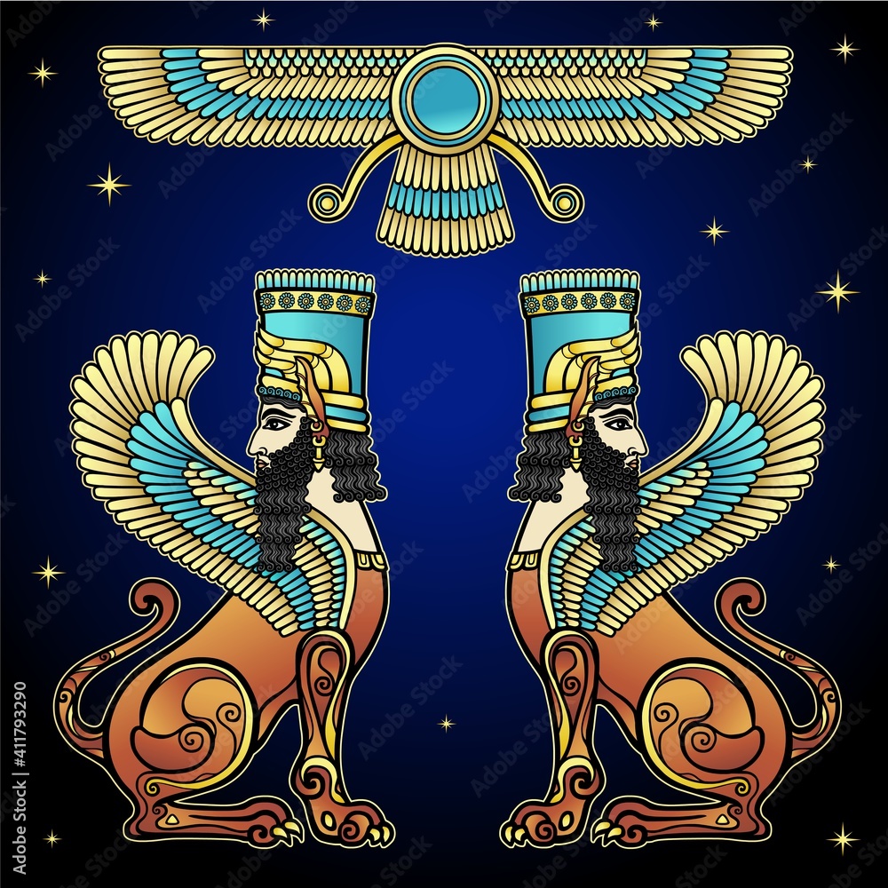 Animation color drawing: magical winged lions, symbol of God. Character ...