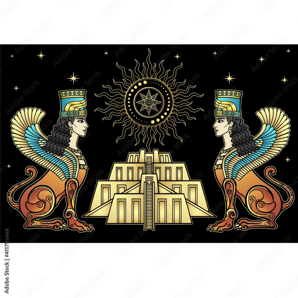 Animation color drawing: magical winged lioness. Ishtar, Astarta ...