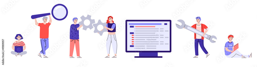 Set cartoon characters of code testers or software developers people ...