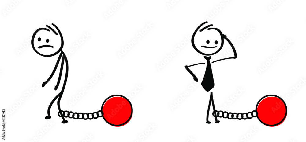 Business strategy, stick figures man, woman with chain ball. Vector ...