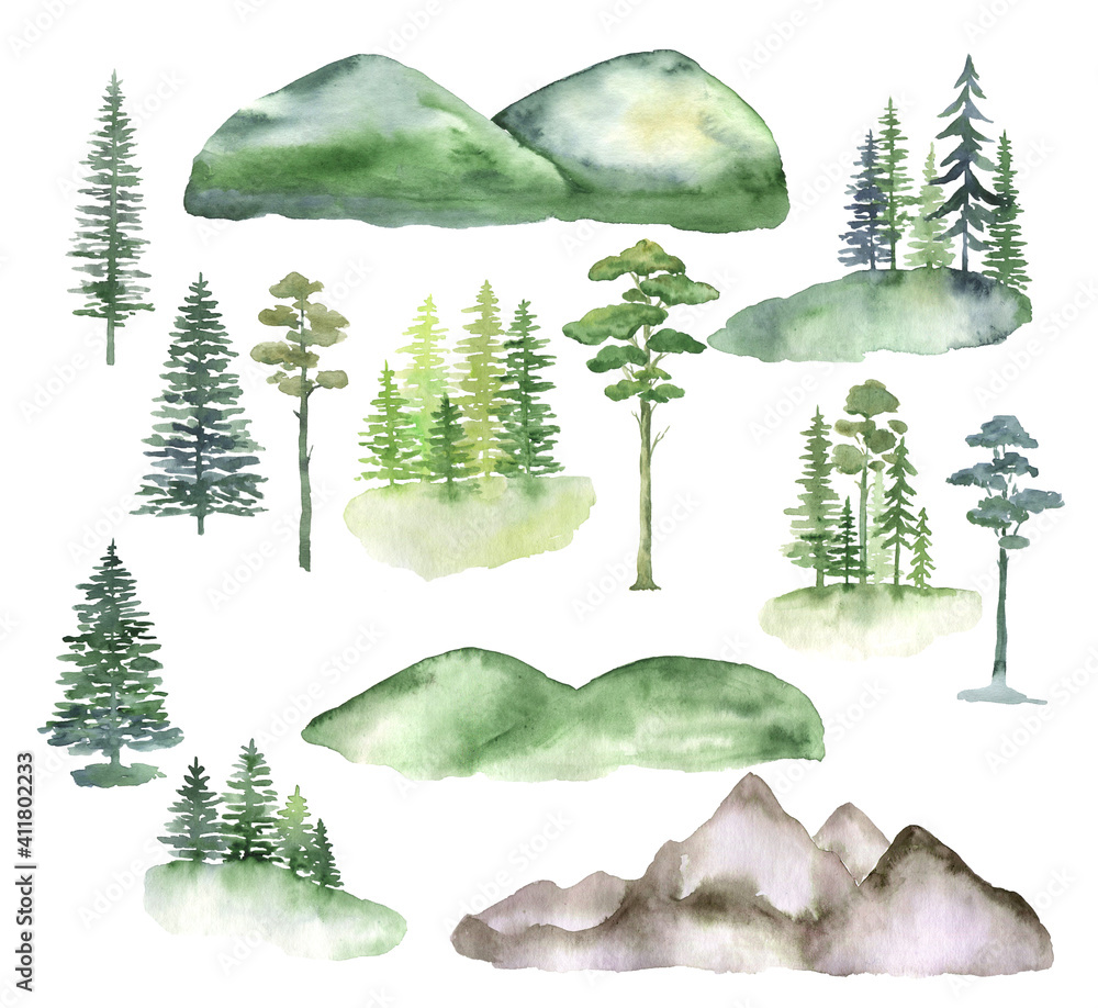 Watercolor forest mountains hills trees landscape Stock Illustration ...
