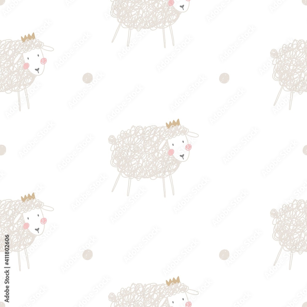 Cute hand drawn sheep. Patel vector seamless pattern with cute sheep in ...
