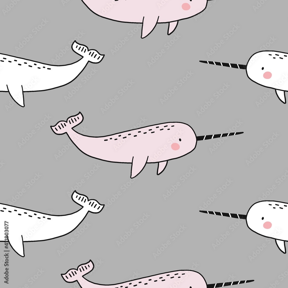 Cute narwhal vector print. Undersea animals - Cute pink narwhal ...