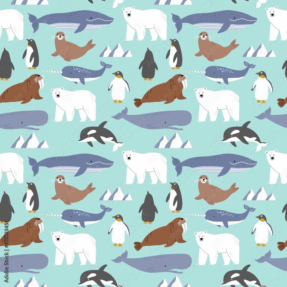 Vector with cute Arctic animals - Polar bear, seal, walrus, whale, fish ...