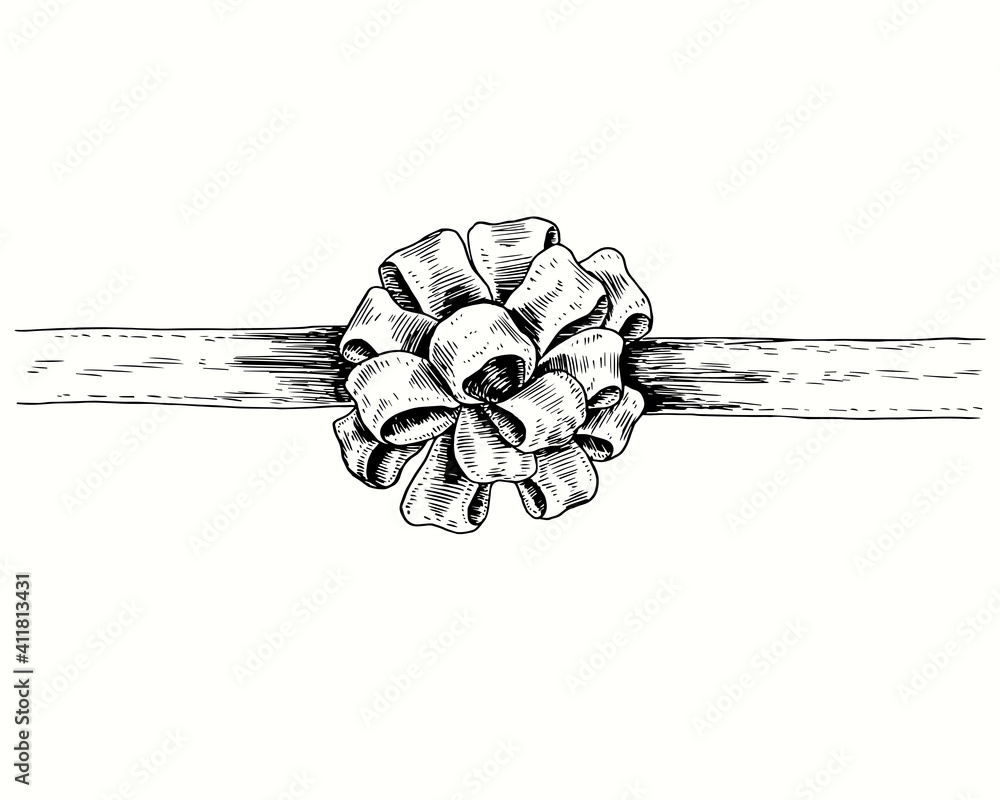 Hand drawn classic pull bow with ribbon, top view. Ink black and white ...