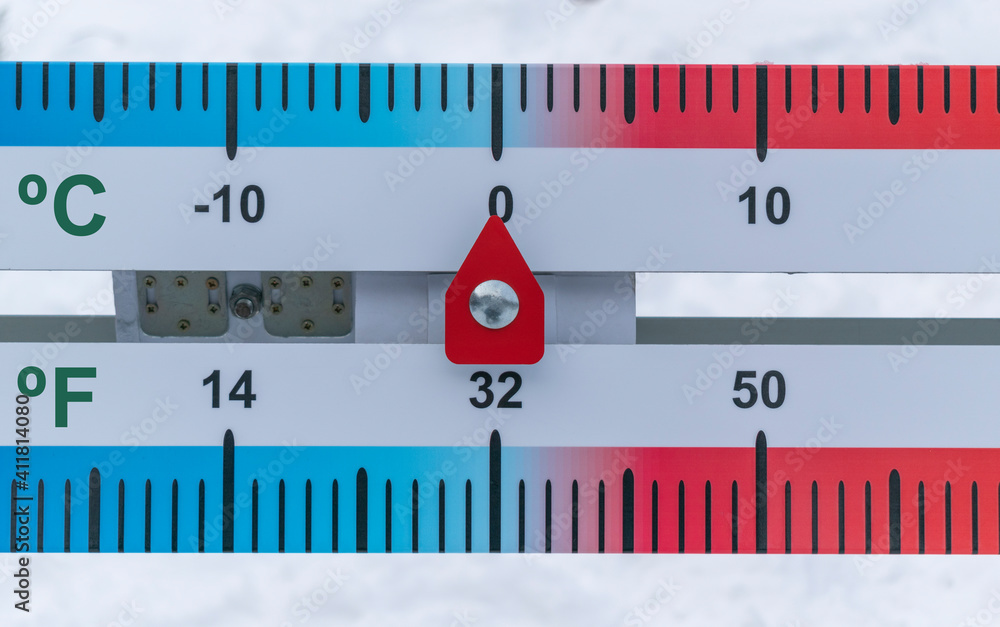 Thermometer with horizontal scale. The thermometer shows 0 degrees ...