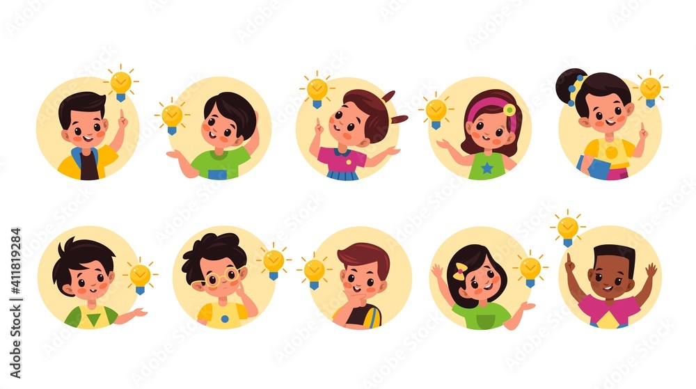 Kids idea lamp. Happy cute children in round frames with ideas and ...