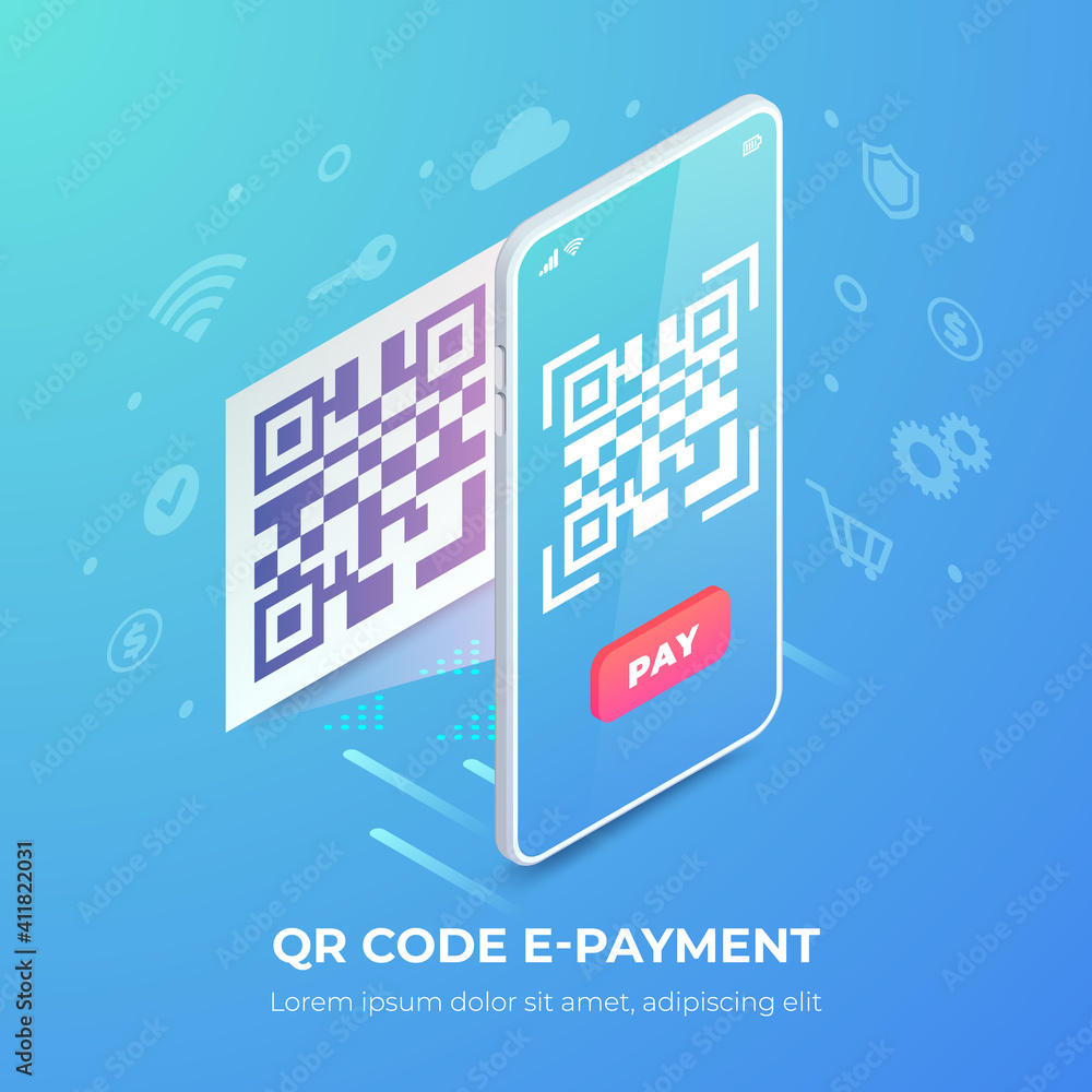 QR code e-payment banner. 3d Scanning barcode on smartphone screen and ...
