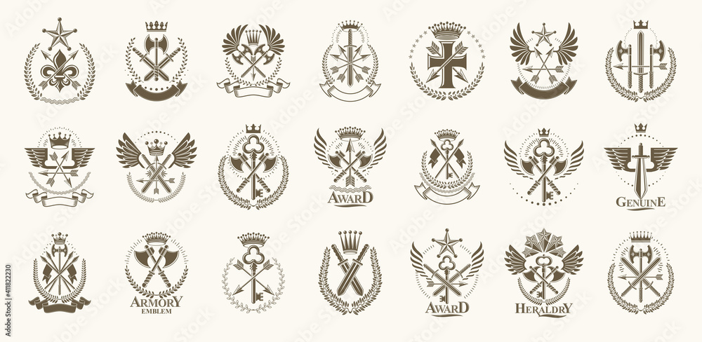 Weapon emblems vector emblems big set, heraldic design elements ...