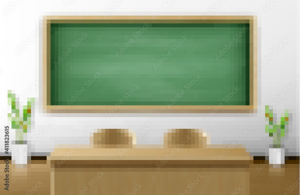 Classroom with green blackboard on wall and wooden teacher table with ...