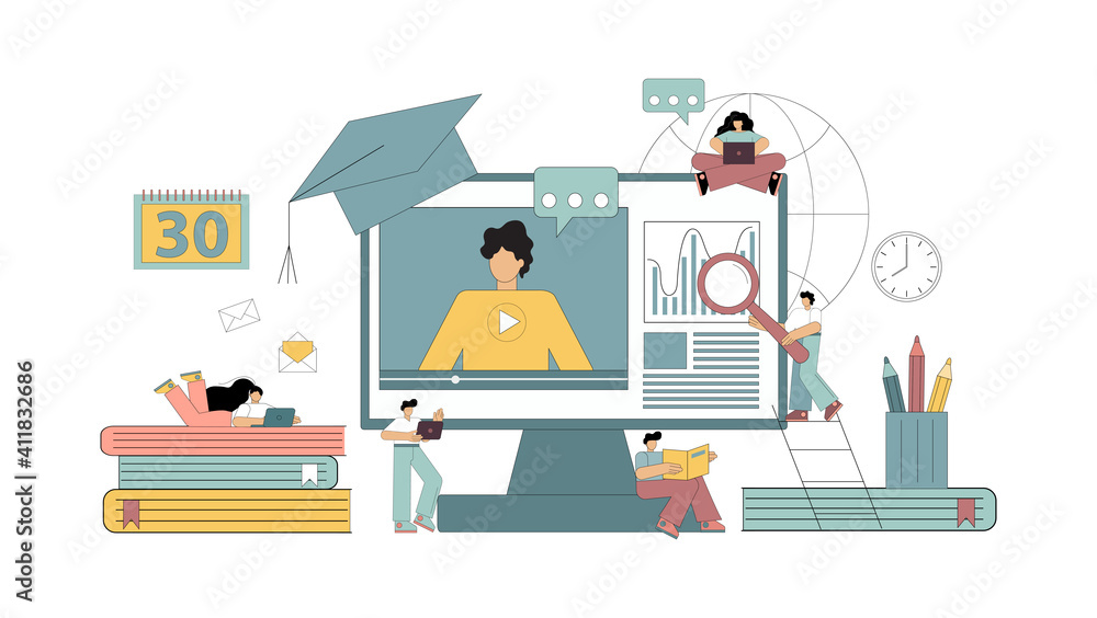 E-learning concepts. Online learning at home Students study at home using gadgets. Vector ...