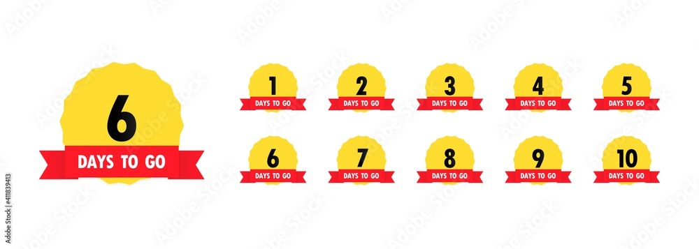 6 days to go icon set. Countdown of days remaining. Offer timer ...