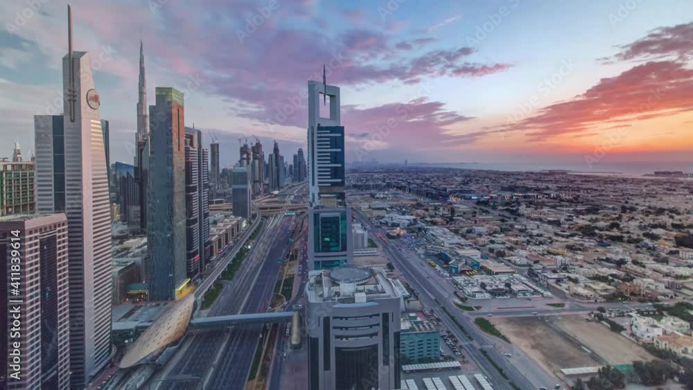 Dubai skyscrapers sunset timelapse evening time. Dubai Metro station ...