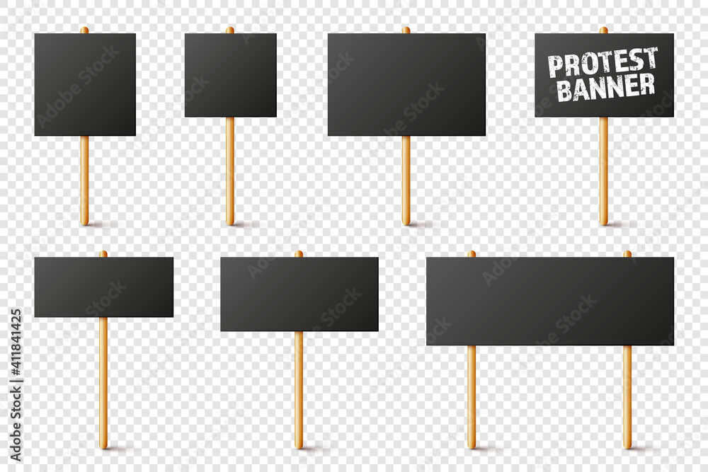 Blank black protest signs with wooden holder. Realistic vector ...
