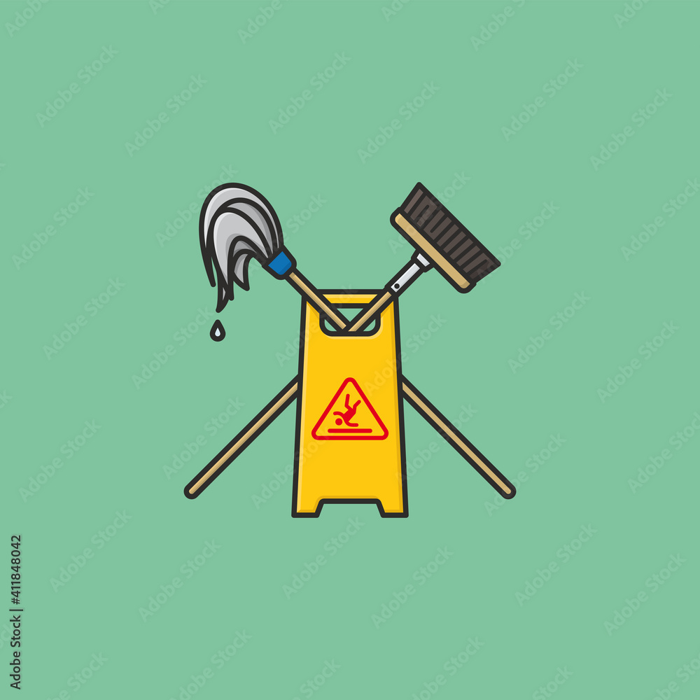 Wet floor sign with crossed mop and broom vector illustration for ...