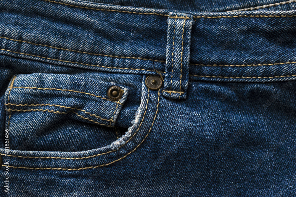 Old jeans. Jeans pants pocket. Blue denim. Close up photo. Jeans ...
