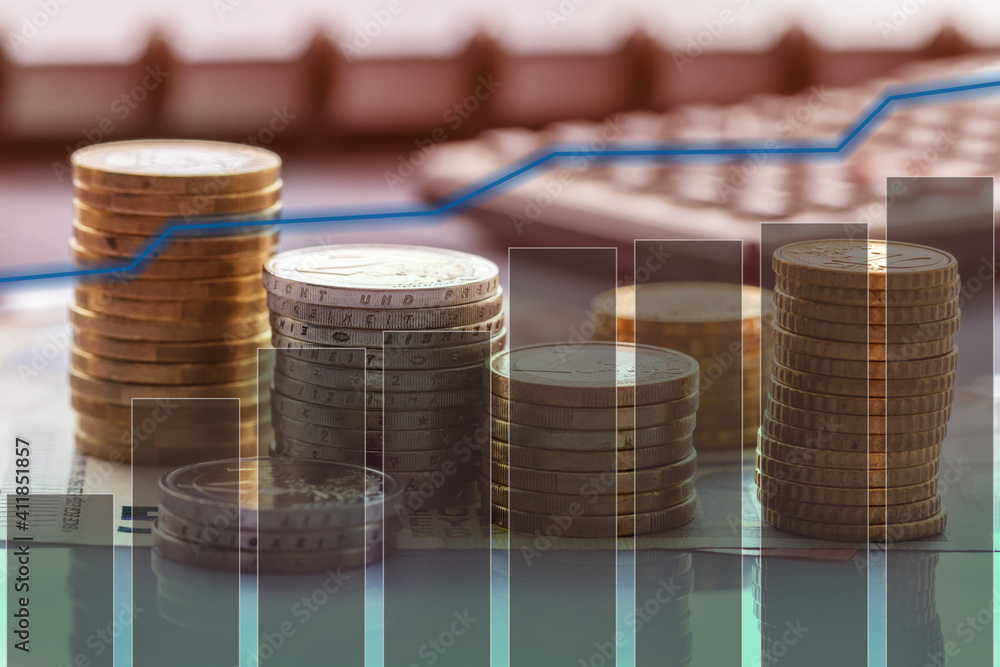 Euro coins in stacks with history chart and bar graph. Presentation for ...