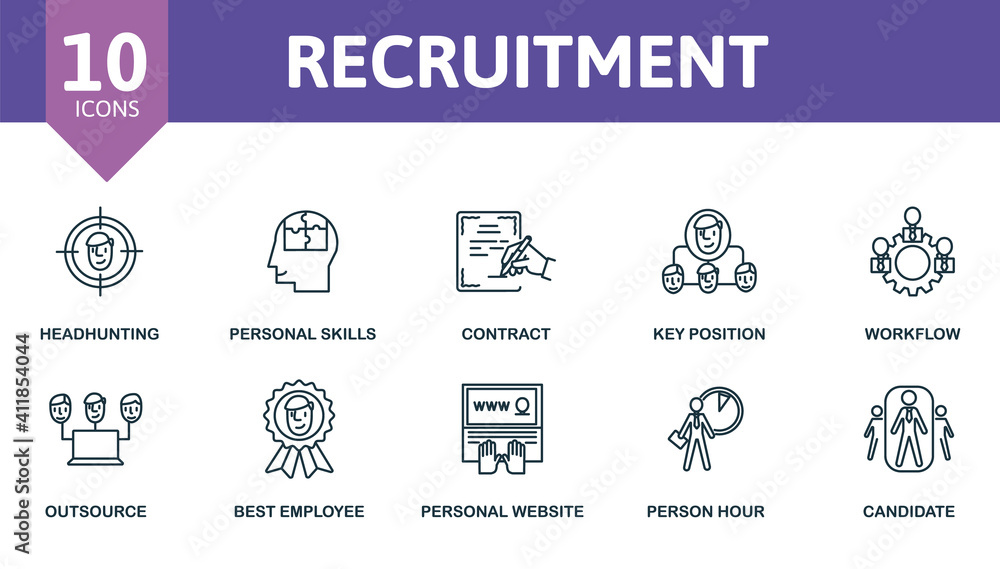 Recrutment icon set. Collection contain workflow, best employee, winner ...
