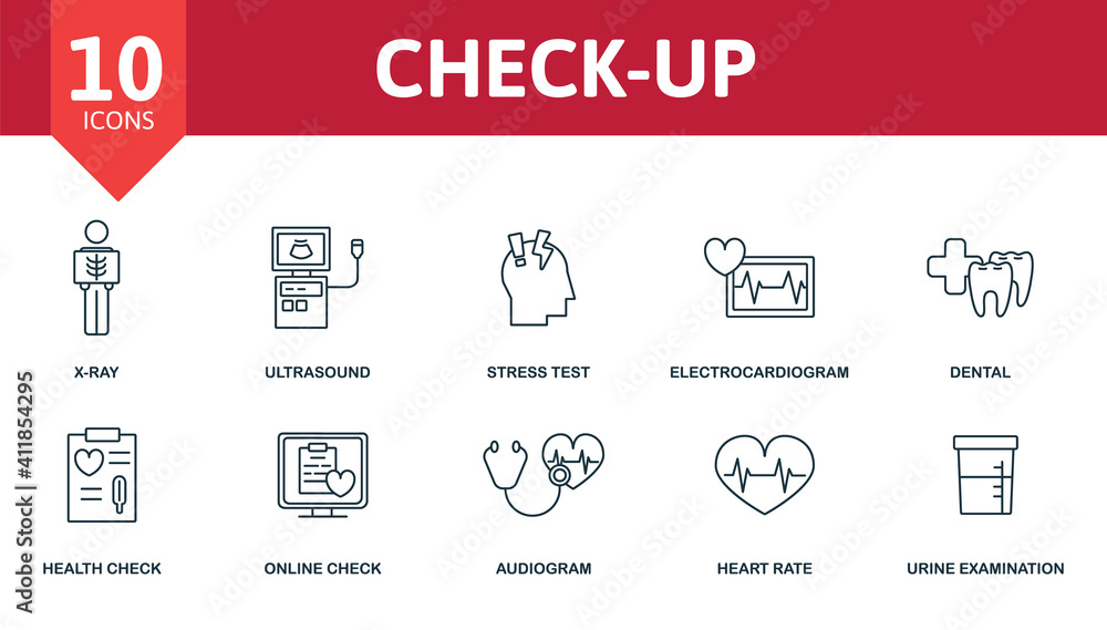 Check Up icon set. Collection contain vital sign, electrocardiogram, x ...