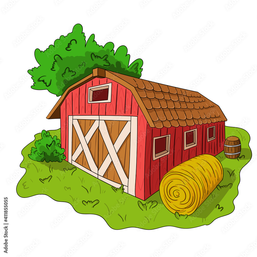Cartoon red barn with heystack, tree and barrel. Cartoon style vector ...