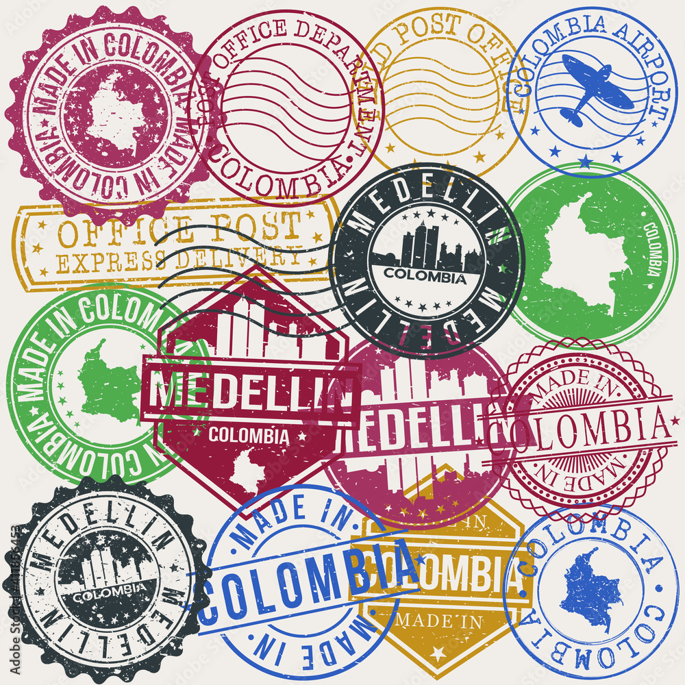 Medellin Colombia Set of Stamps. Travel Stamp. Made In Product. Design ...