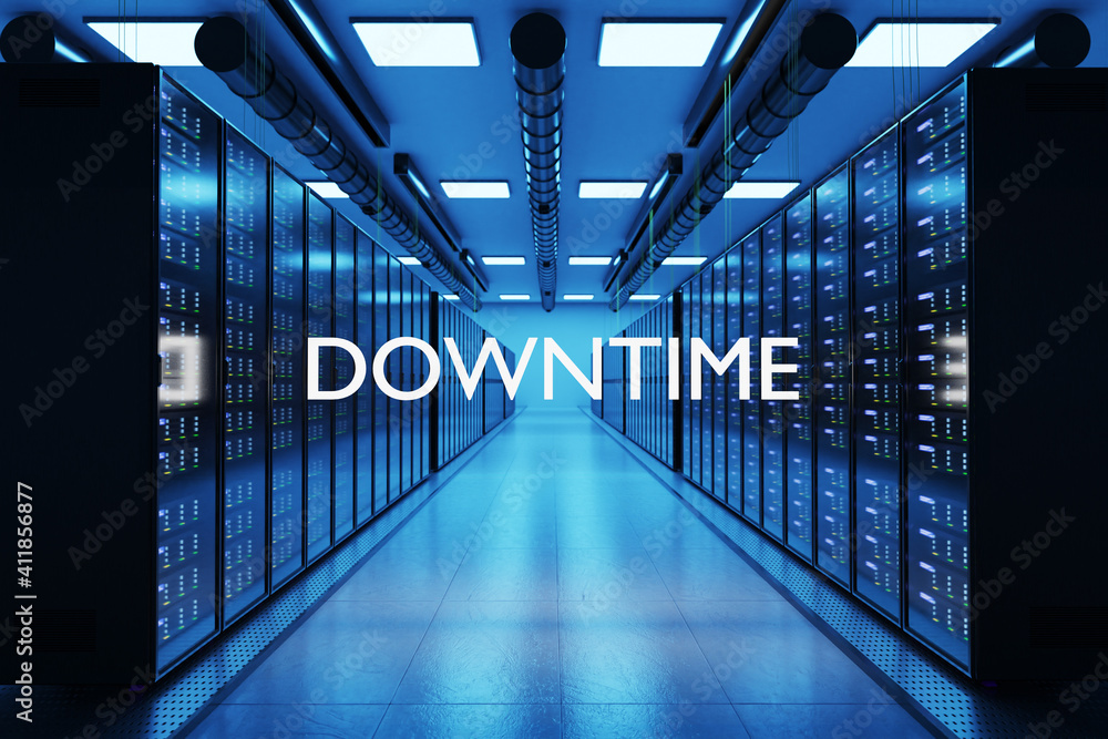 downtime logo in large modern data center with multiple rows of network internet server racks ...