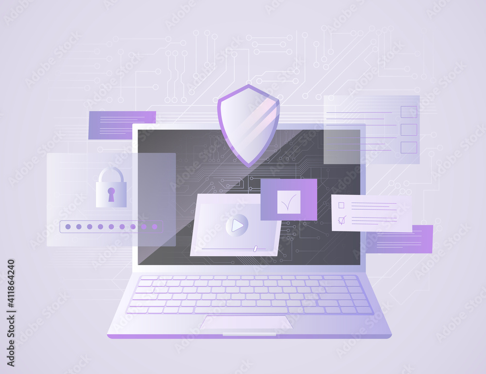 Cyber security design. Realistic laptop with icon and other details ...