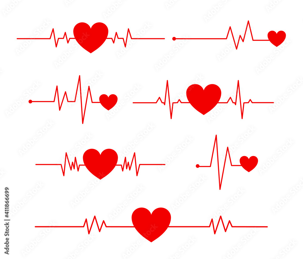 Red heart beat set isolated on white background. Heart icon vector ...