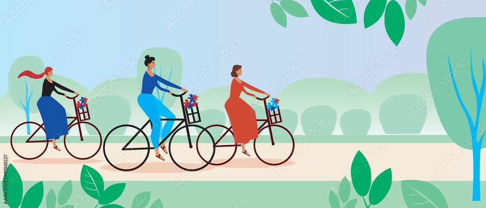 Friends on bike riding in the park, template with copy space, flat ...