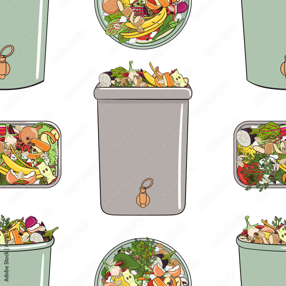 Seamless pattern with home composters, kitchen scraps. Recycling ...