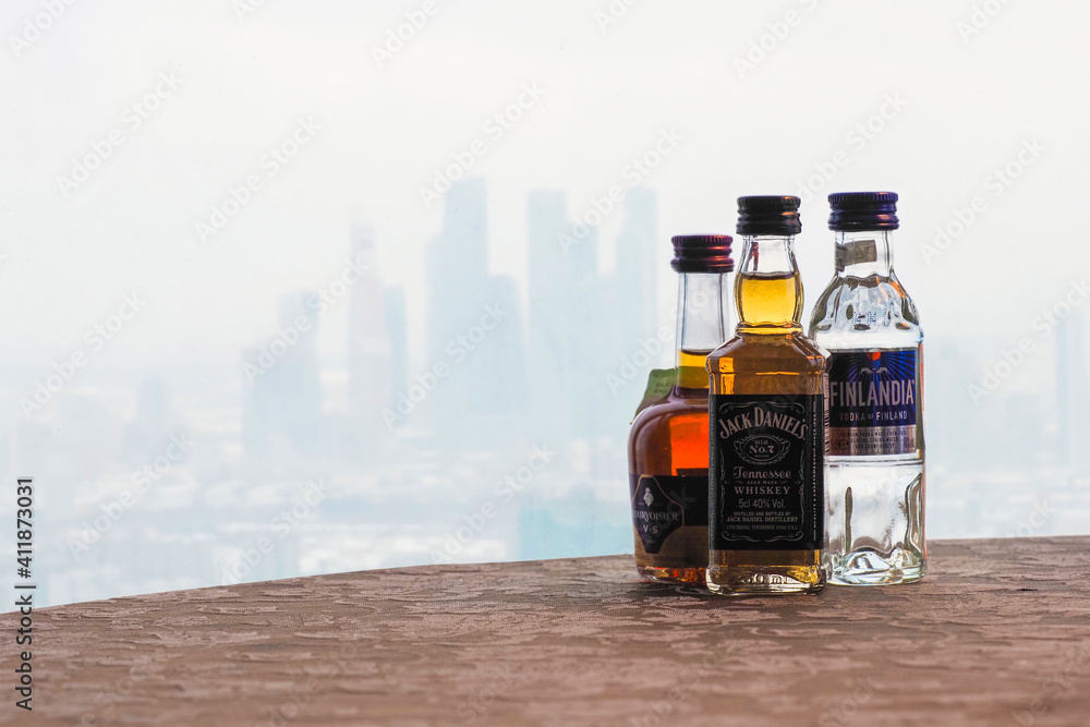 Moscow, Russia - January, 2021: Mini bottles of whiskey Jack Daniels ...