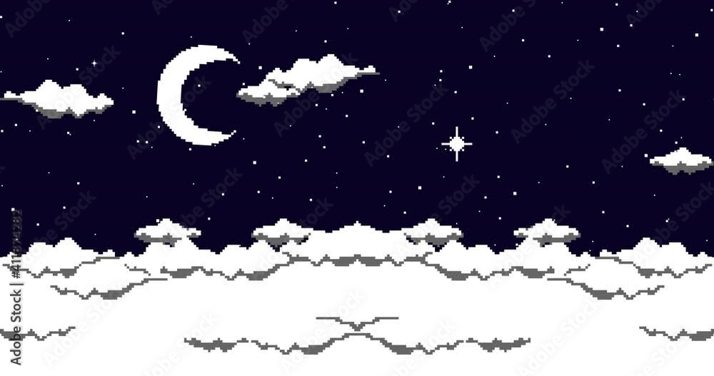 Animation of pixel art moon and stars and clouds. Pixel art background ...