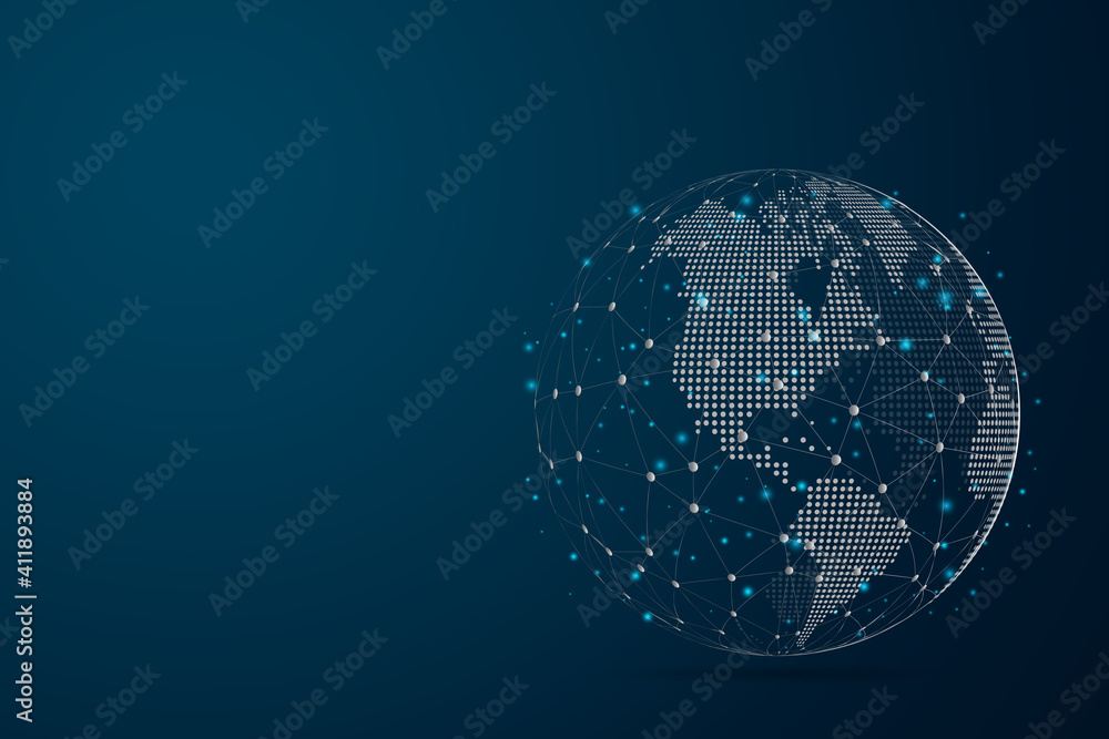 Abstract mash line and point scales on dark background with Map World ...