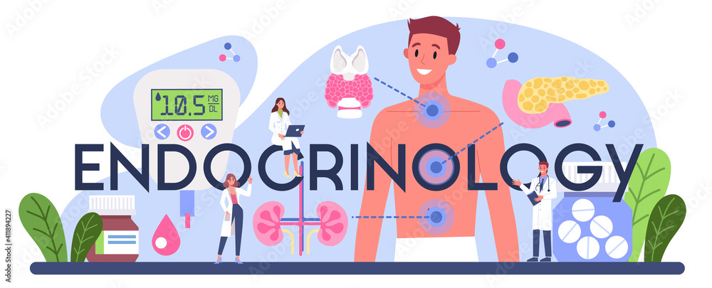 Endocrinology typographic header. Thyroid gland examination. Doctor ...