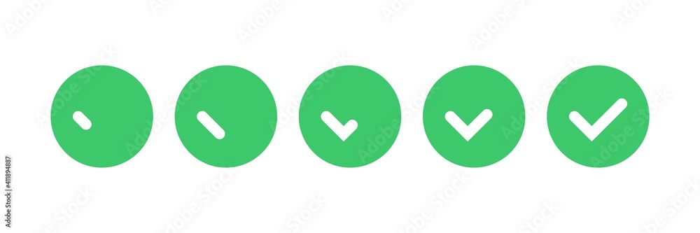 Ok button. Check mark animation kit, green color tokens, flat tick ...