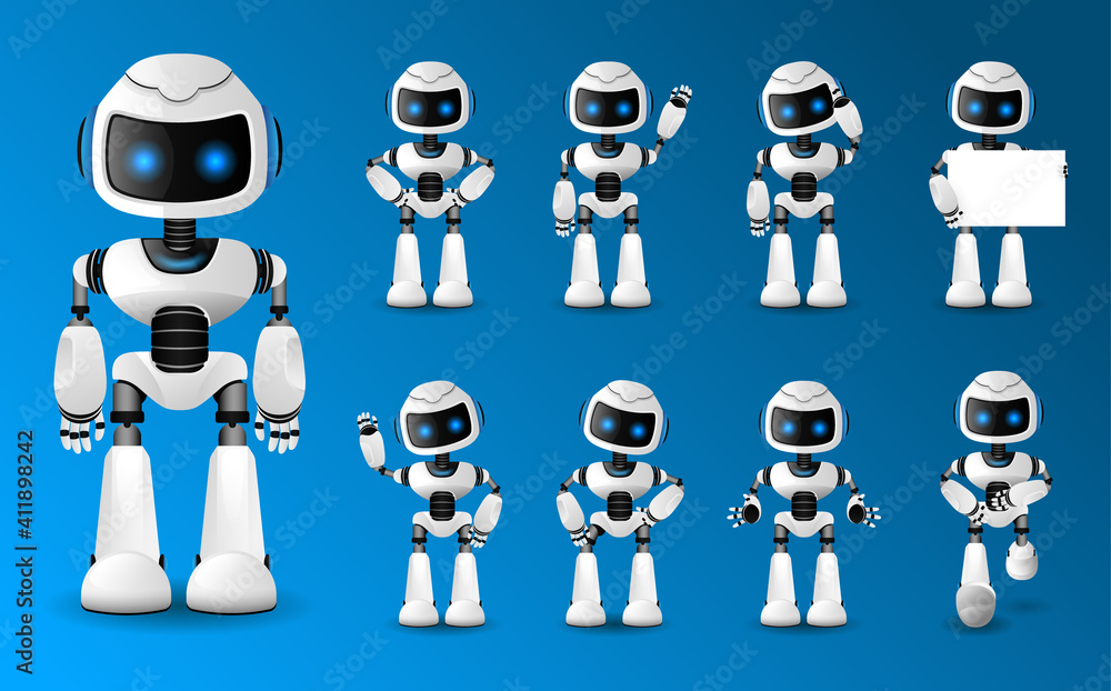 Vetor de Set of various futuristic robots activity. Artificial ...