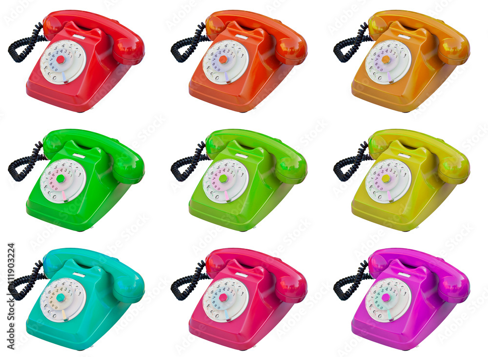 Series og images of old colored plastic analog telephone on a white ...