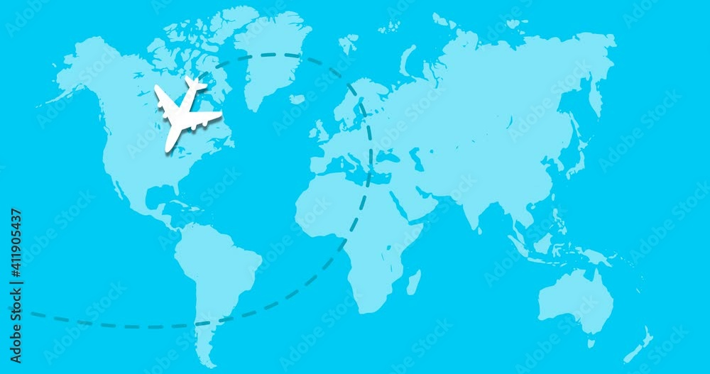 2d flat animation with white airplane flying on the world map ...