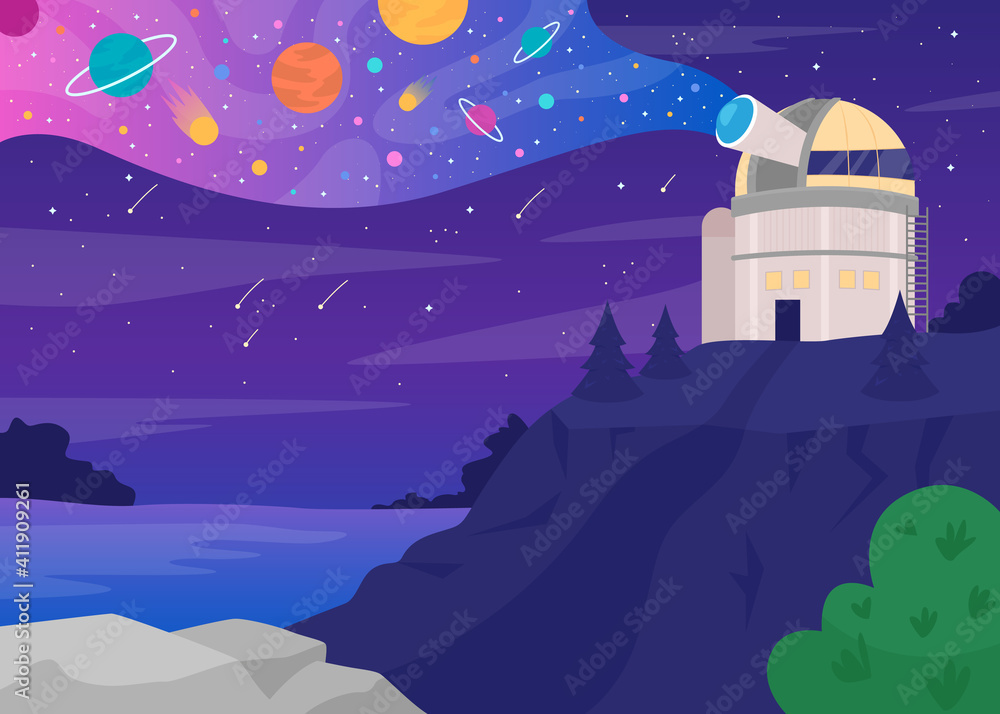 Astronomical observatory flat color vector illustration. Structure ...
