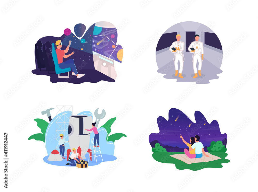 Space exploration processes 2D vector web banner, poster set. People ...