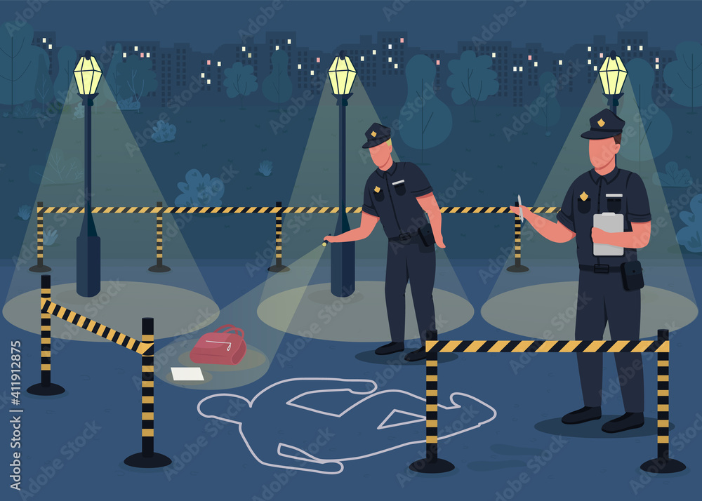 Crime investigation flat color vector illustration. Searching for crime ...