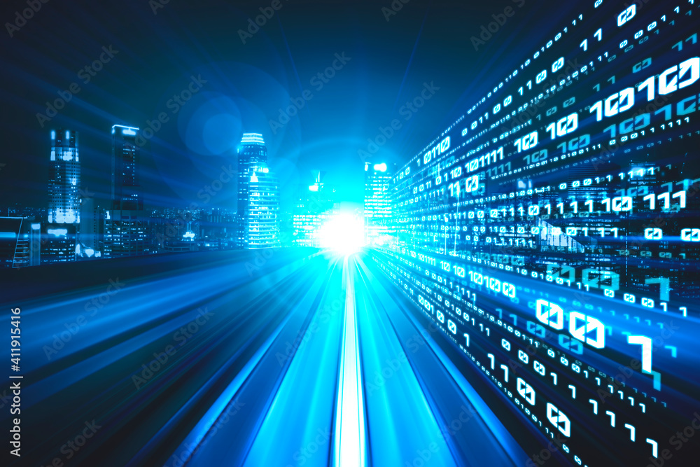 Digital data flow on road with motion blur to create vision of fast ...