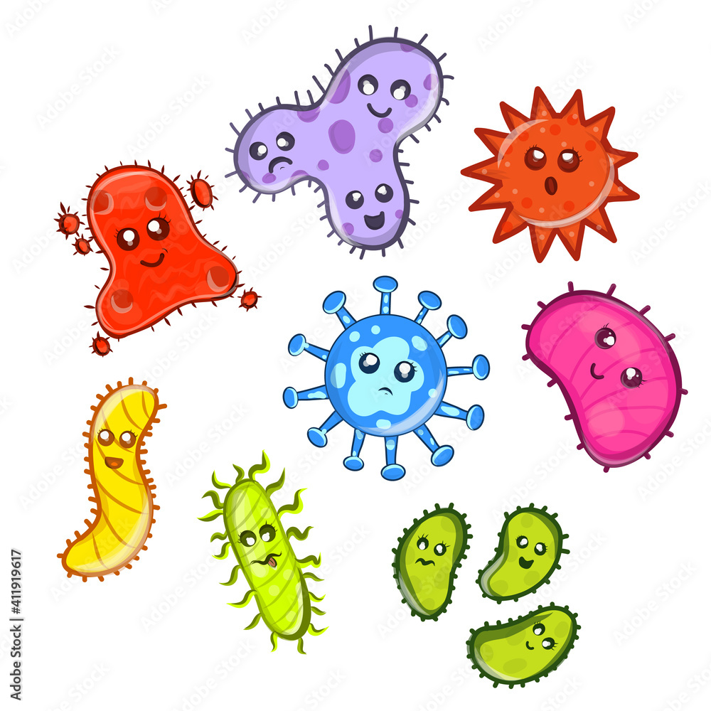 Vetor de Bacteria, microbes, cute germs and viruses isolated cartoon ...