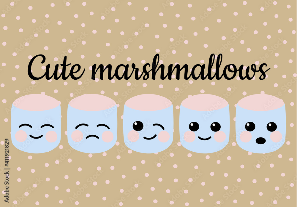 Cute marshmallows with different emotions on a beige background with ...
