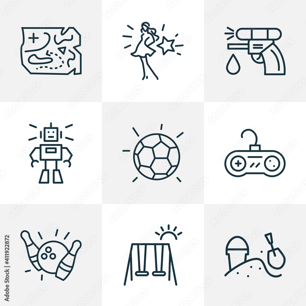 Games icons line style set with water gun, sandbox, barbie playground ...